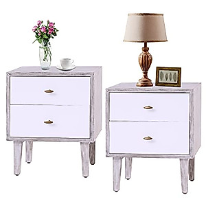 kinbor Modern Nightstand Set of 2, Side End Table Bedside Tables with 2 Storage Drawers and Solid Wood Legs, Night Stands for Bedroom Living Room, Gray/White