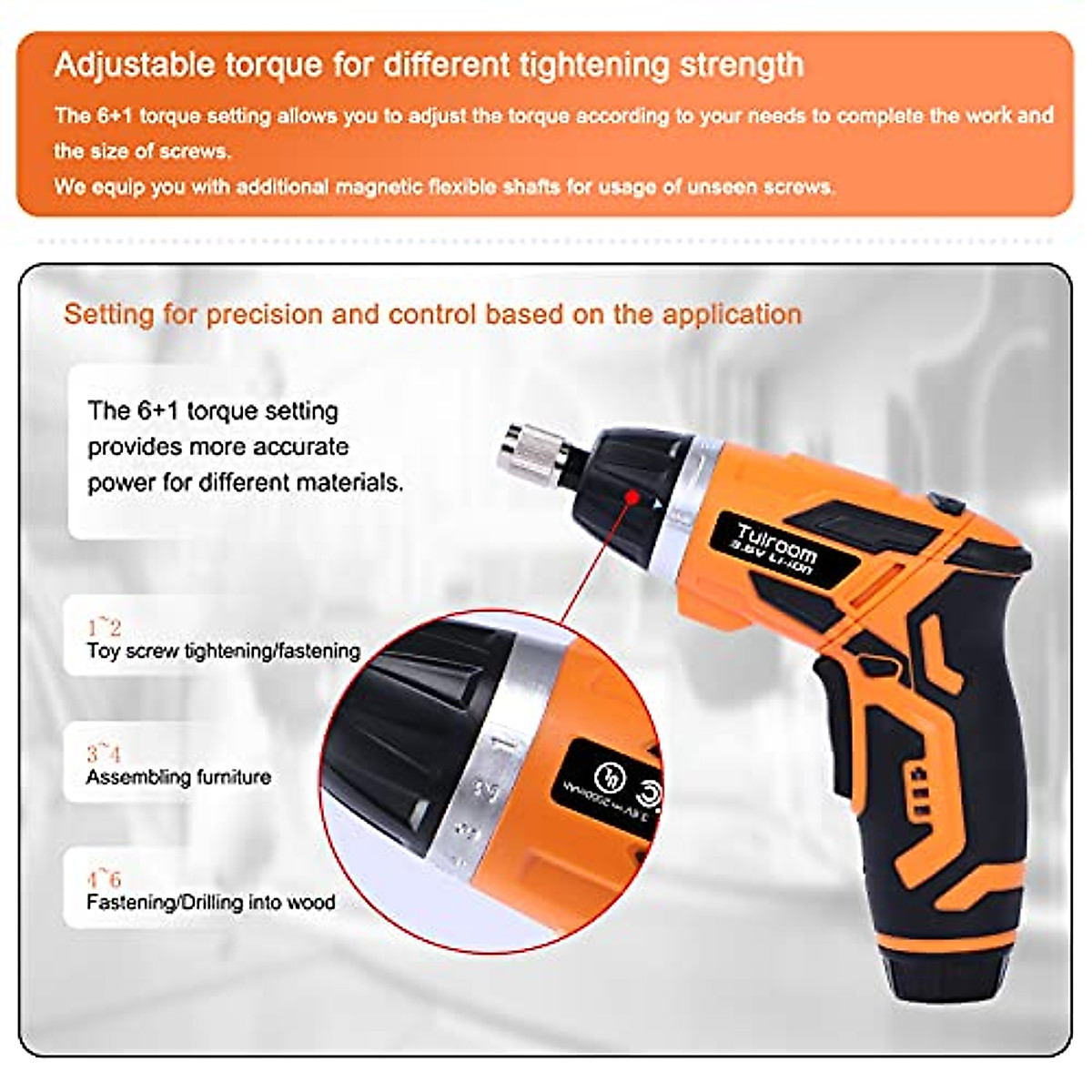 Tulroom Power Screwdriver Electric Screwdriver 3.6V 2000mAh Electric Screwdriver Rechargeable, Adjustable Position Handle, 31pcs Screwdriver Bits 6+1 Torque Setting Front&Rear Light