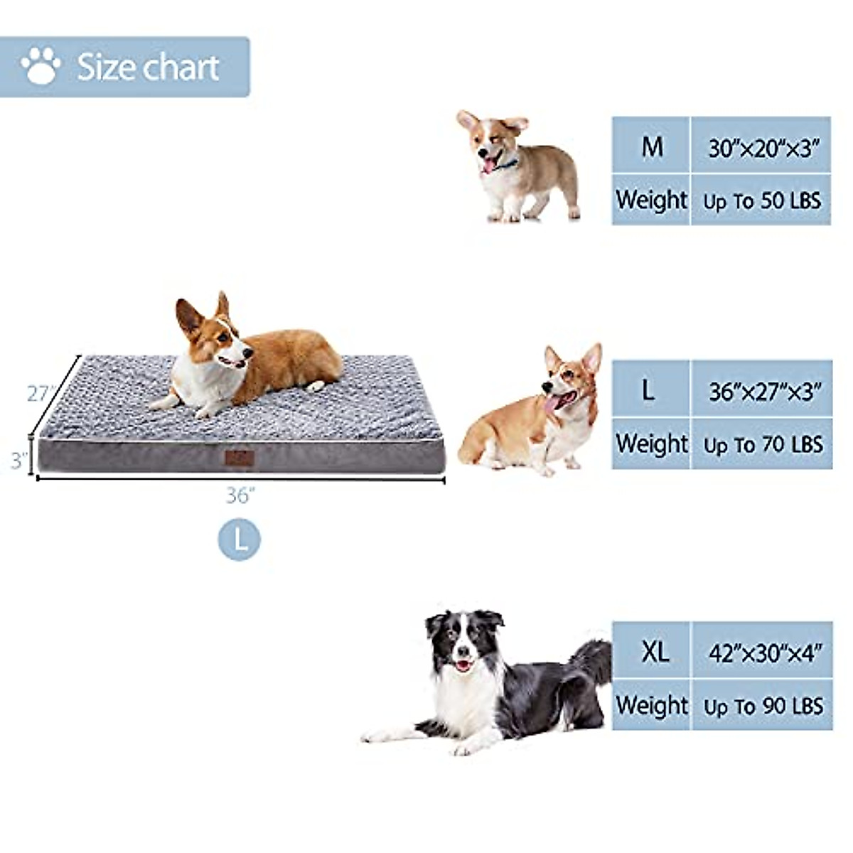 WNPETHOME Orthopedic Large Dog Bed, Dogs Bed for Large Dogs with Egg Foam Crate Pet Bed with Soft Rose Plush Waterproof Dog Bed Cover Washable Removable（Dog Bed Large 36 x 27 x 3 inch Grey）