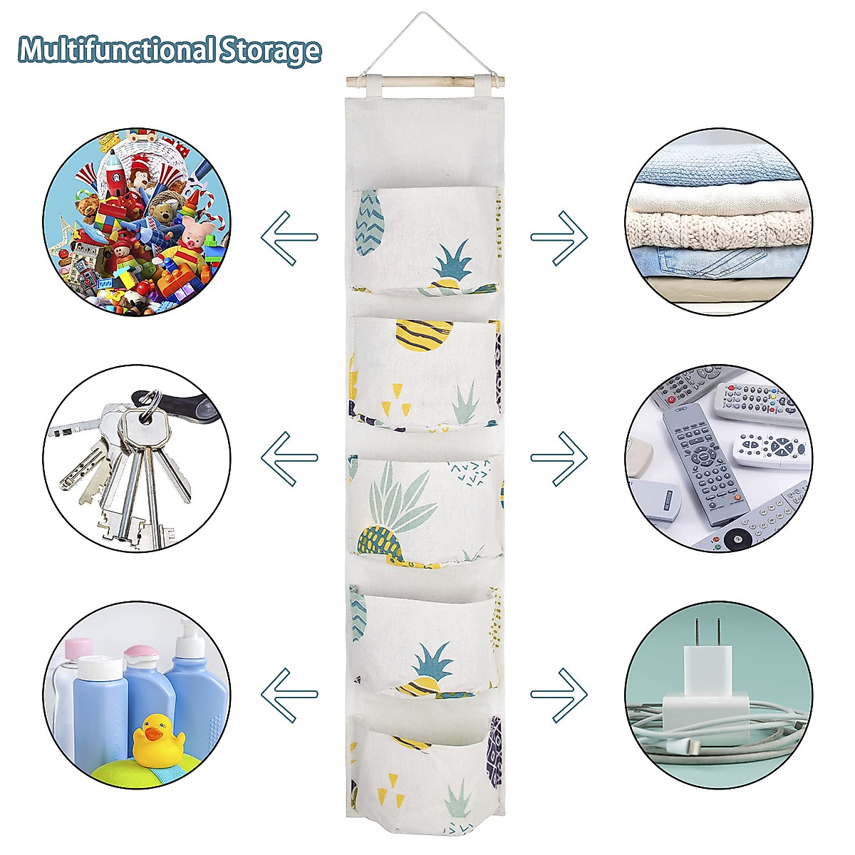 LASZOLA 2Pcs Over The Door Hanging Storage Bag, Waterproof Wall Closet Organizer Linen Fabric Stylish Mount Organizer with 5 Pockets for Bedroom Bathroom Kitchen (Pineapple+Lemon)