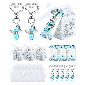 YETOOME 100 Pcs Baby Shower Favors for Boys, Angel Keychains Favor Baptism Favor Boxes White Organza Bags with Drawstring Thank You Tags for Baby Shower Baptism Party Gift, 25 Sets (Blue)