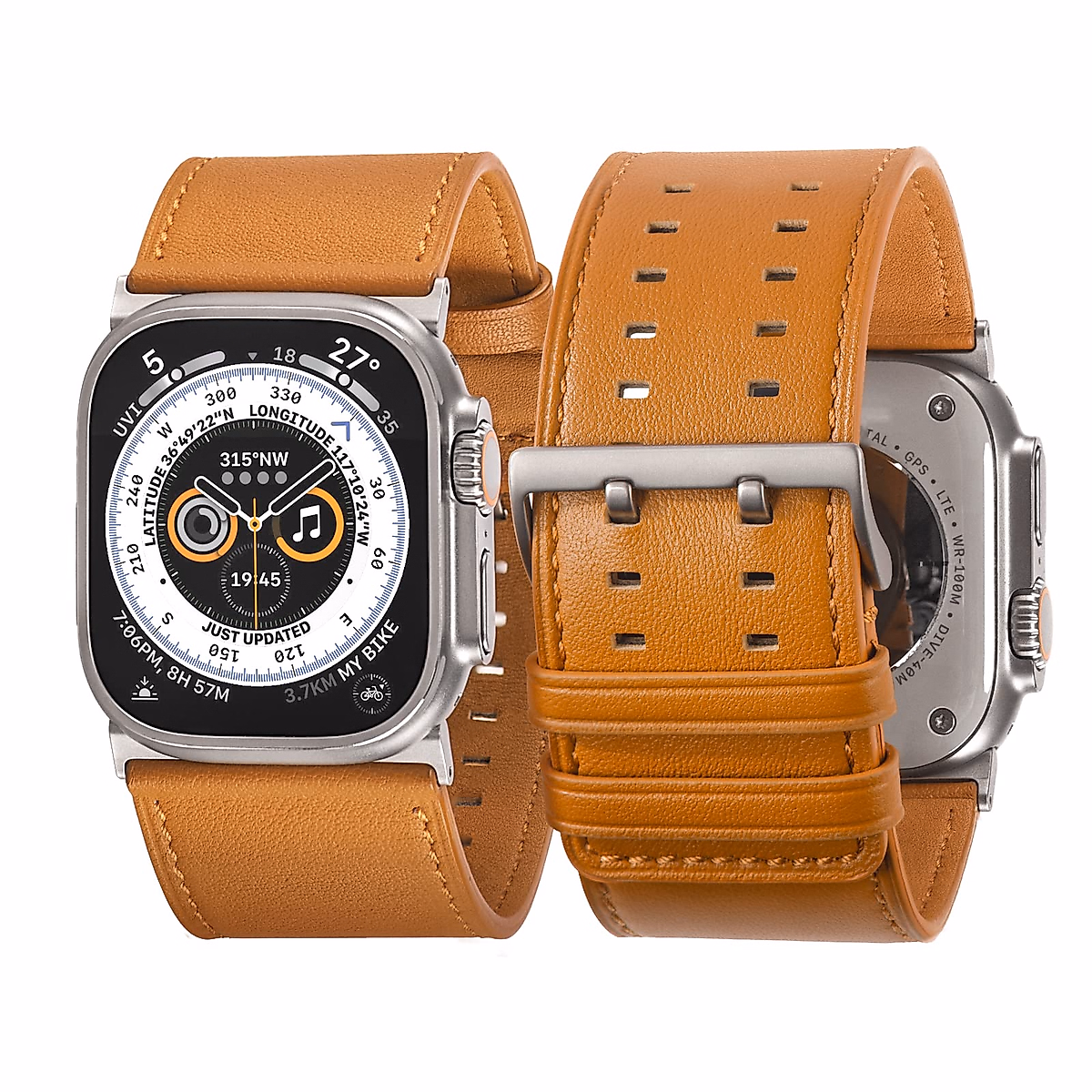 Tefeca Dual Series Band Compatible with Apple Watch Ultra 2/Ultra 49mm, Series 10 46mm, Series 9/8/7 45mm, SE2/SE/6/5/4 44mm (Brown Leather with Silver Adapters, 49/46/45/44mm)