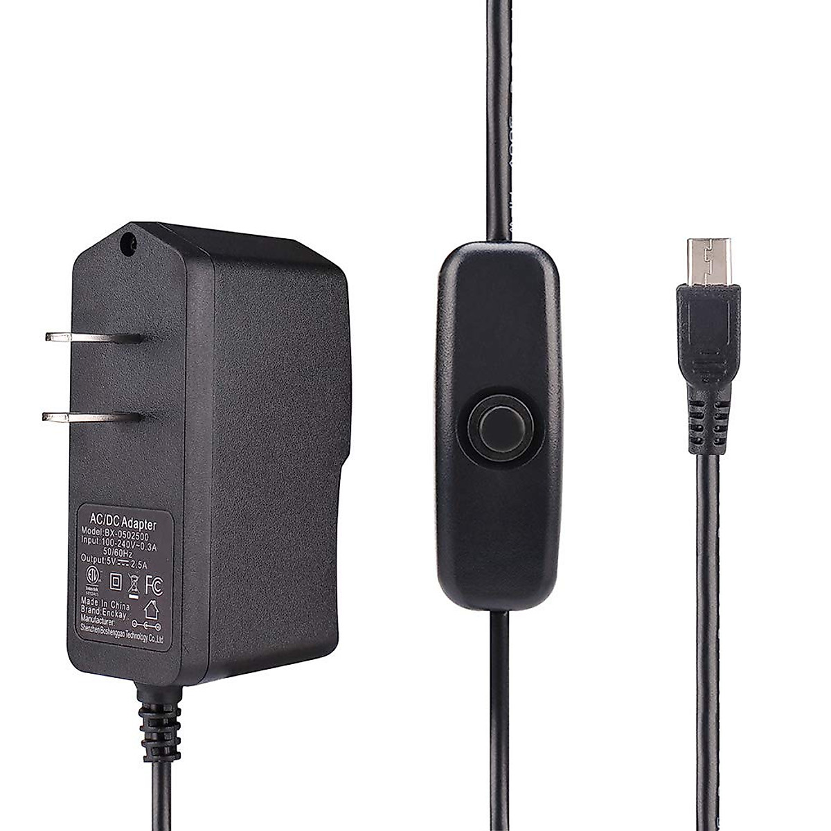 Enokay Power Supply for Raspberry Pi 2 3 b b+ 5V 2.5A Micro USB Charger Adapter with On Off Switch
