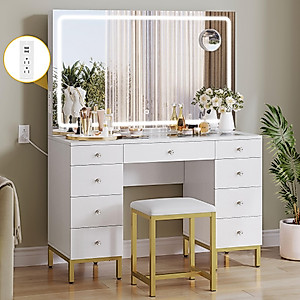 YITAHOME Vanity Desk Set, with XL LED Lighted Mirror Magnifying Glass & Power Outlet, 9 Drawers Makeup Vanities Dressing Table with Stool, White, 47 Inches