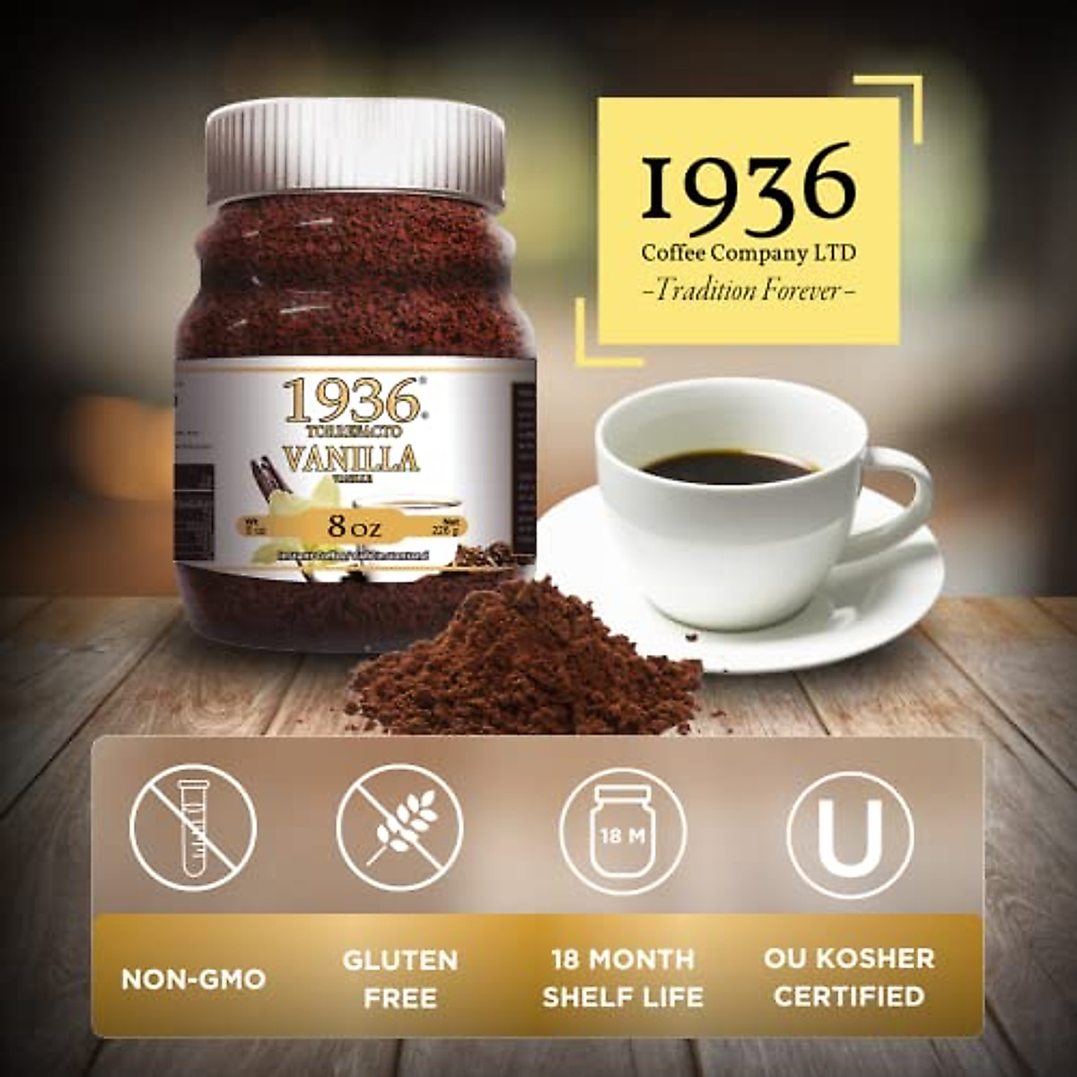 1936 Instant Coffee Vanilla 8 OZ- Smooth Taste - 100% Pure Arabica Coffee - Light Instant Coffee -Medium Roast - Glazed with Cane Sugar- Gluten Free- Kosher Certified -Non GMO