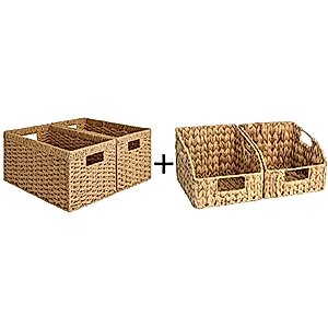 StorageWorks Set of 4 Round Paper Rope Storage Baskets, Rectangular Wicker Baskets with Built-in Handles