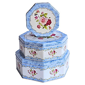Pack of 3 Stackable Octagon Metal Tin Containers with Lids – Multipurpose Tins for Cookies, Candies, Kitchen Storage & More | Thoughtful Gift for Women's / Mother's Day - BLUE FRENCH ROSES BUTTERFLY