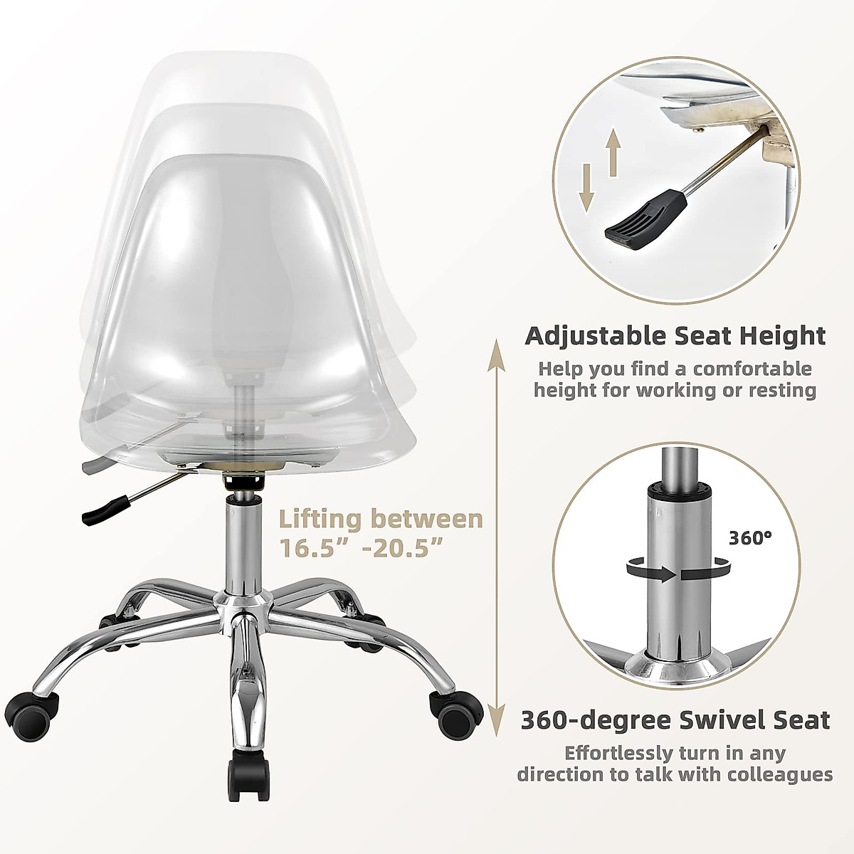 Giantex Acrylic Desk Chair, Clear Armless Office Rolling Chair, Height Adjustable Leisure Ghost Chair w/Chromed Base, Modern Cute Vanity Chair, Swivel Computer Chair for Home Office