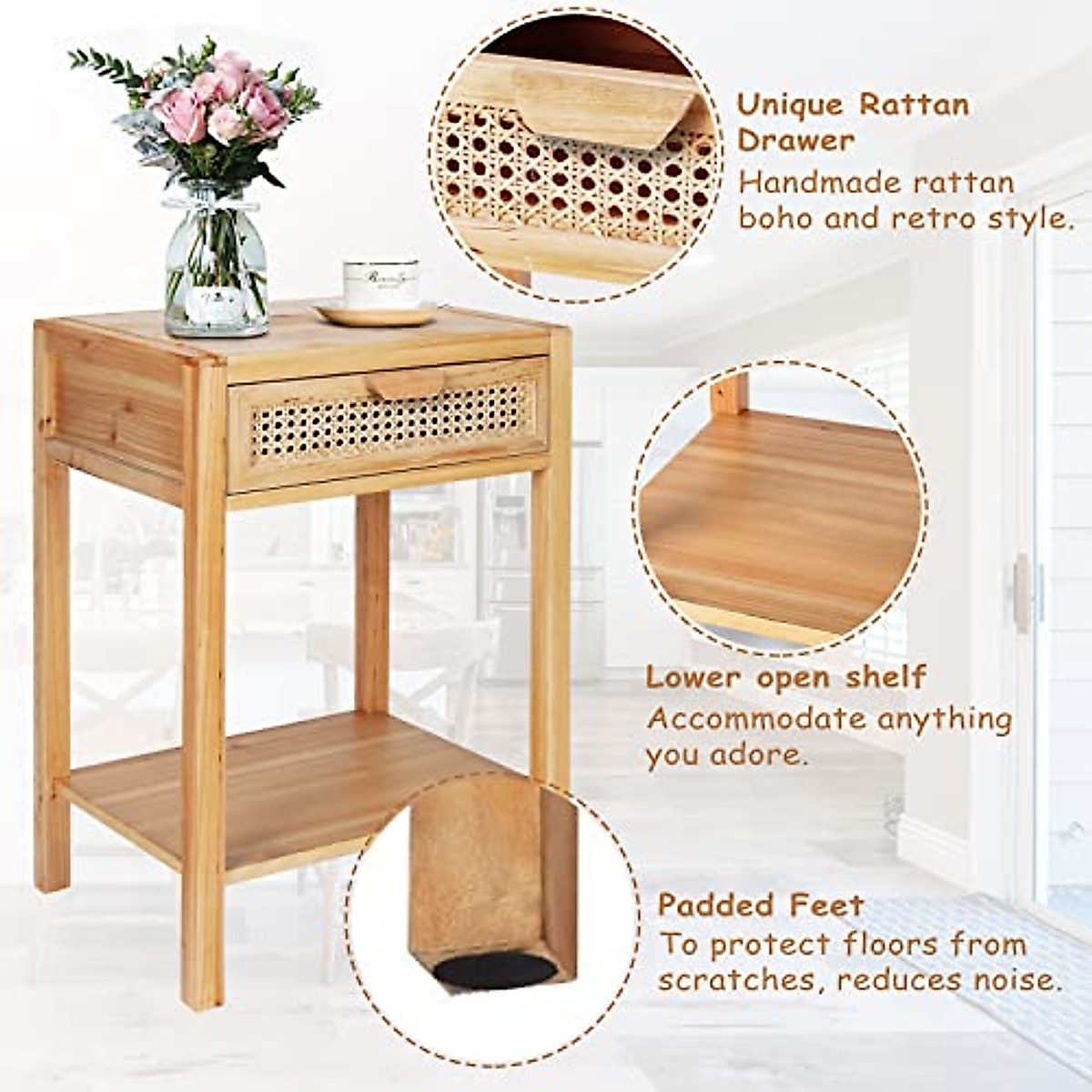 Polar Aurora Nightstand, End Table with Woven Pattern Drawer and Open Storage Shelf, Bedside Furniture, Side Table for Bedroom, Easy Assembly, Natural Walnut
