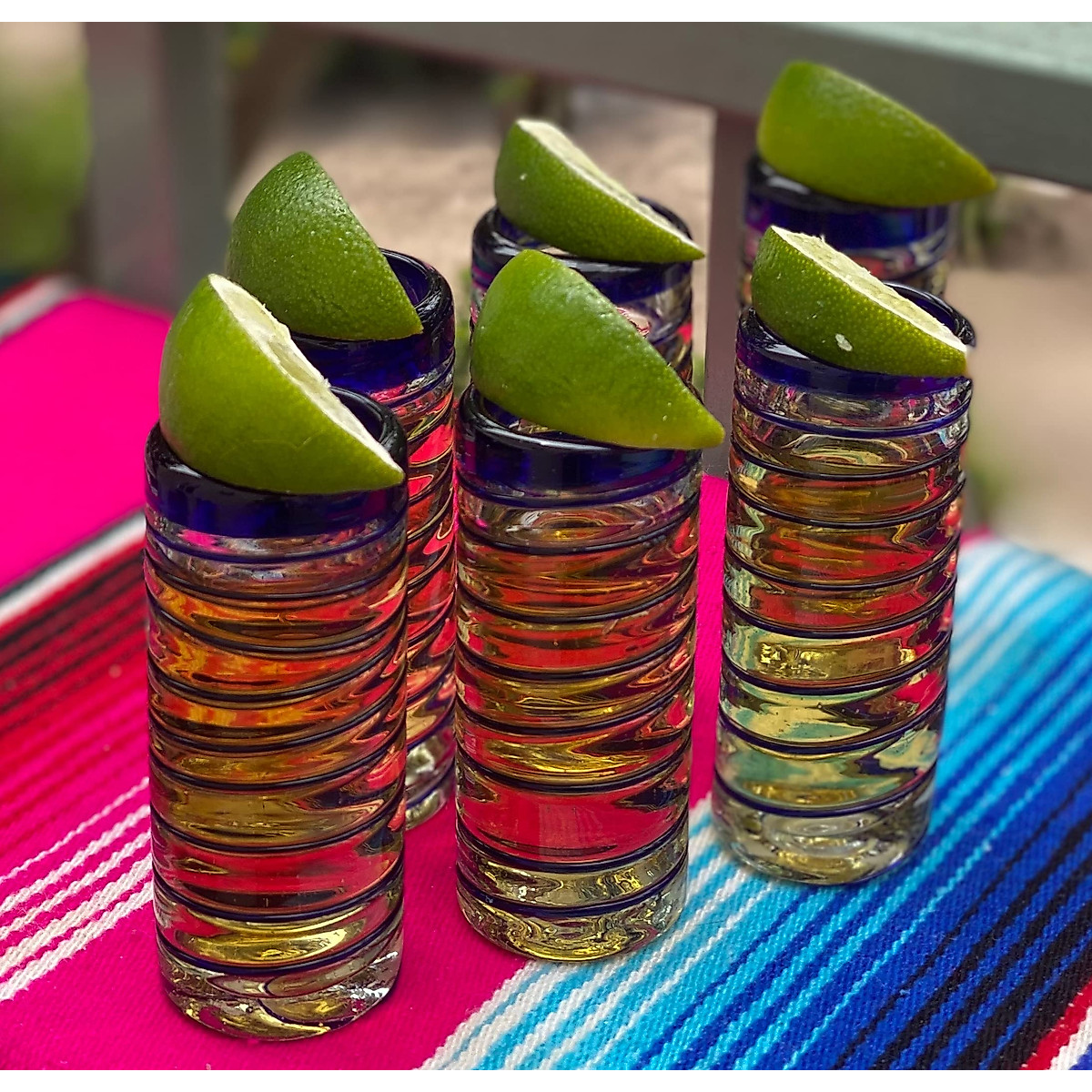 Dos Sueños Hand Blown Mexican Tequila Shot Glasses – Set of 6 Blue Spiral Tequila Shot Glasses (2 oz each) …