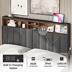 ADORNEVE Full Size Bed Frame with Outlet and USB Ports, Modern Upholstered Platform Bed with Storage Headboard & Height Adjustable, No Box Spring Needed, Dark Grey