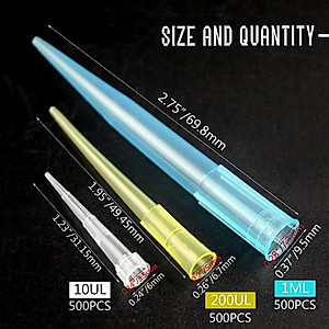 TOVOT 1500PCS Laboratory Universal Pipette Tips 3-Size Plastic Liquid Pipette Tips 10ul 200ul 1000ul (Yellow Blue Clear)