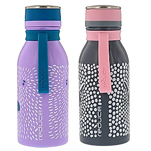 reduce Stainless Steel Hydro Pro Kids Water Bottle, 14oz - Vacuum Insulated Leak Proof Water Bottle for Kids - Great for On the Go and Lunchboxes - Furry Friends Design, Purple Bear and Grey Sheep