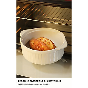 HAOTOP 2-Quart Ceramic Deep Casserole Dish with Lid, Ceramic Baking Dishes, Oven Safe (White)