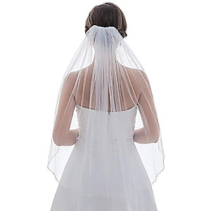 SAMKY 1T 1 Tier Pearls Crystals Beaded Wedding Veil V377 - Light Ivory Fingertip Length 36"