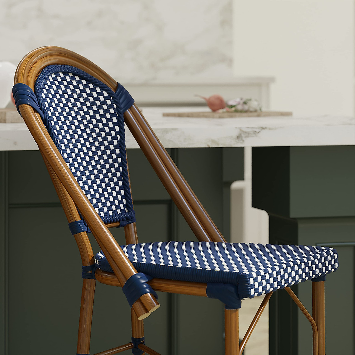 EMMA + OLIVER Soie Bistro Counter Stool - Stacking Indoor/Outdoor PE Rattan Counter Stool with Bamboo Finish Frame - 26" High - Set of Two - Navy/White
