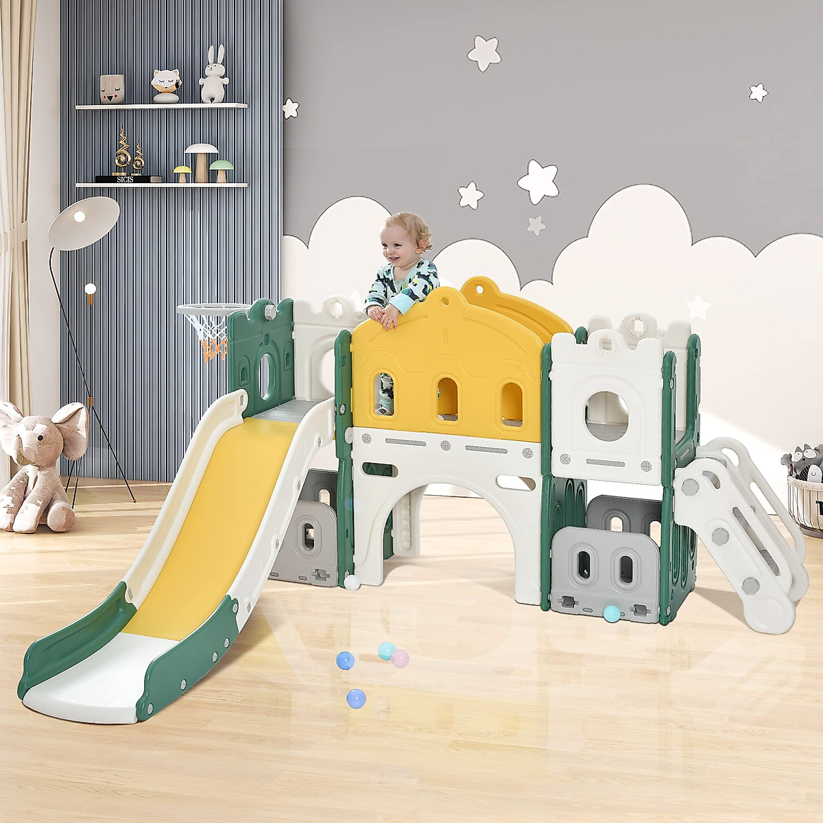 Veemuaro 6 in 1 Toddler Slide Set, Kids Slide for Toddlers, Kids Playing Climber Sliding Playset with Basketball Hoop, Tunnel and Storage Space, Toddler Playground Indoor Outdoor