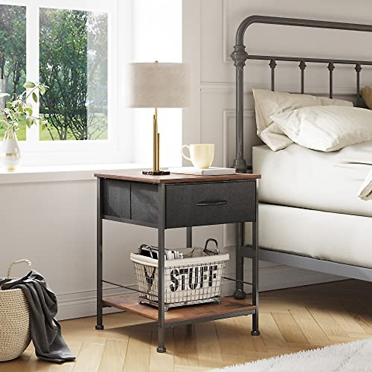 WLIVE Nightstand, End Table with Fabric Storage Drawer and Open Wood Shelf, Bedside Furniture with Steel Frame, Side Table for Bedroom, Dorm, Easy Assembly, Black and Rustic Brown