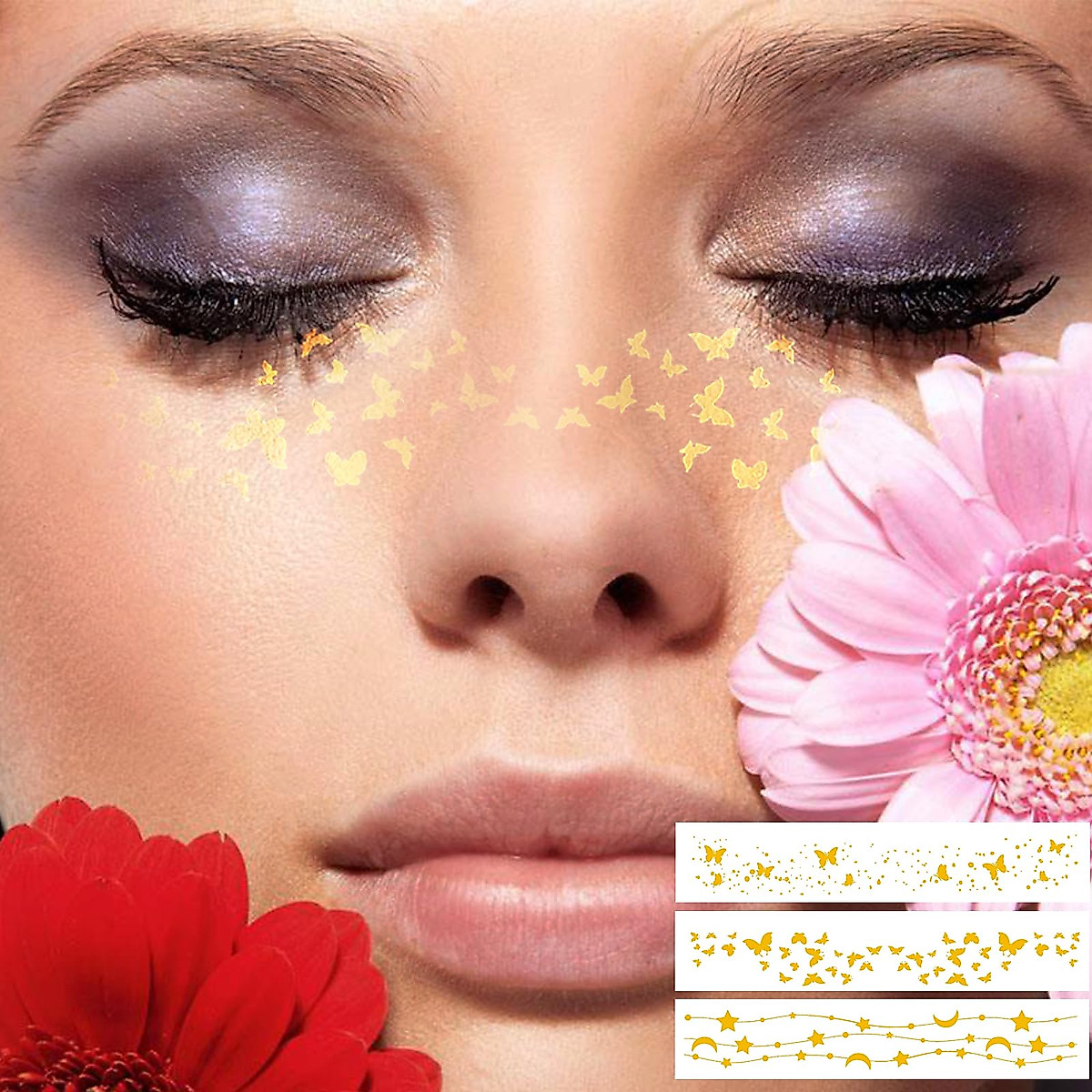 JEEFONNA 60 Sheets Face Temporary Tattoos, Metallic Fake Tattoos for Women, Men, Kids, Waterproof, Festival, Cosplay, Halloween