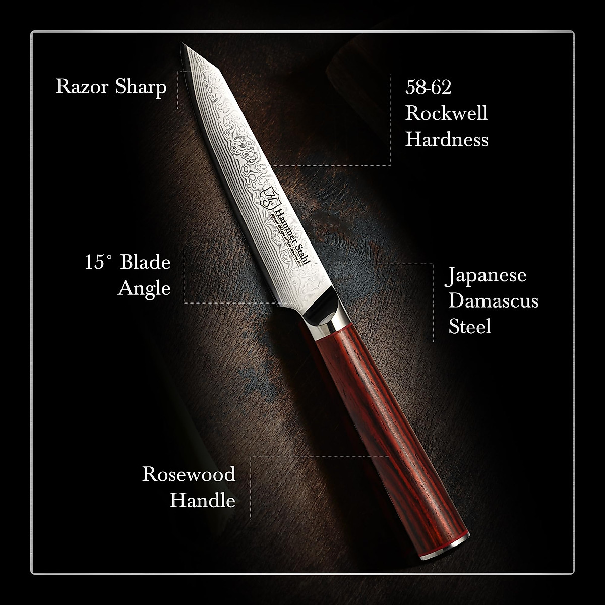 Hammer Stahl 5 Inch Damascus Utility Knife | Professional Utility Knife with Rosewood Handle | Petty Kitchen Knife Japanese Forged 67-Layer AUS10 Steel | Full-Tang Chef Utility Knife with Gift Box