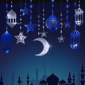 Islamic Silver Blue Star Crescent Moon Lantern Ramadan Garland EID Decoration Home Happy Ramadan Mubarak Party Decor Hanging Streamer Wedding Backdrop Banner Aladdin Birthday Party Supplies