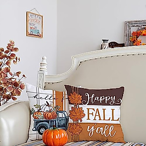 GEEORY Fall Pillow Covers 18 x 18 Inch Set of 4, Happy Fall Y'all Stripes Pumpkins Mason Jar Thankful Decor, Cushion Cases for Farmhouse Home Party Sofa Couch (Brown) G355-18