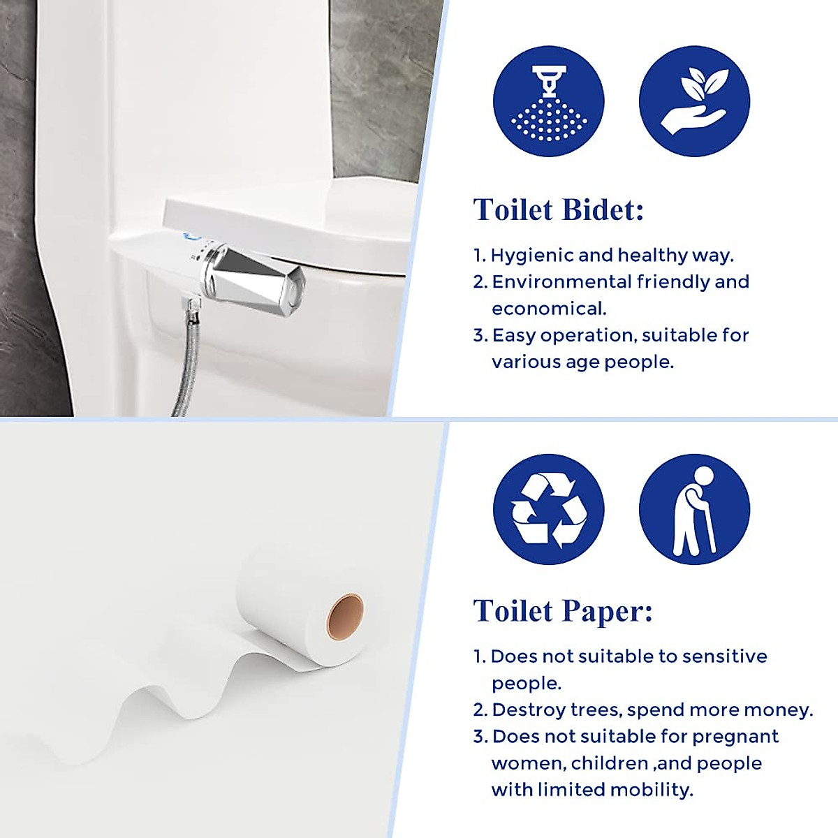 Bidet Attachment for Toilet,Bidet Toilet Seat Attachment with Non-Electric Dual Nozzle(Self Cleaning Feminine/Posterior Wash),Adjustable Water Pressure Bidet with Brass Inlet(Silver and White)