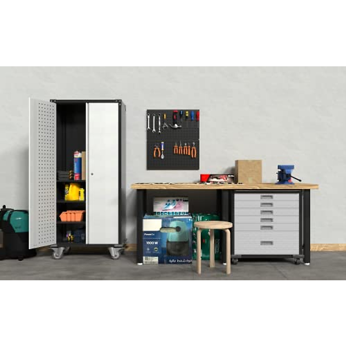 SUXXAN Garage Metal Storage Cabinet with Wheel for Home Garage/Adjustable Shelves, Lockable, Stiffener and Bumpers Design, Six Cabinets