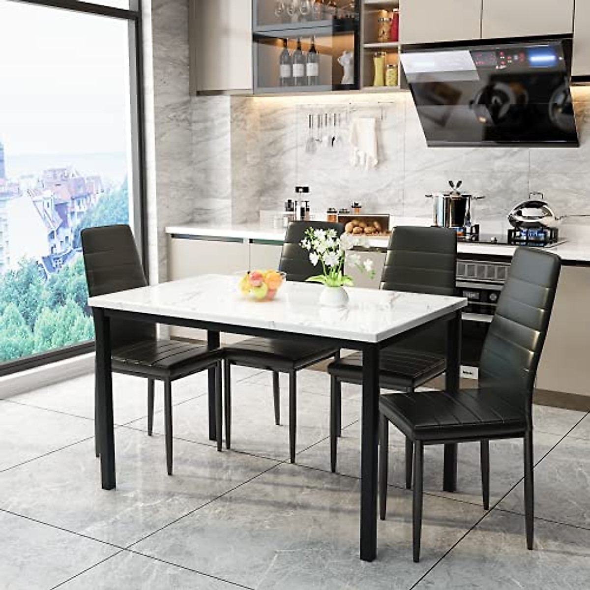 Lamerge Kitchen Tables Set for 4, Dining Faux Marble Top Table and 4 PU Leather Chairs, 5 Pieces Dining Room Table Set for Small Space, Breakfast Nook and Apartment, Black