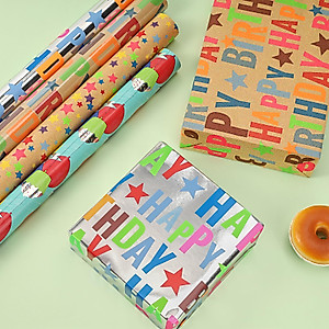 BIOBROWN Kraft Birthday Wrapping Paper - 17 Inch X 10 Feet (4 Rolls: 56.6 sq. ft. ttl.) Cupcake & Star Design Perfect for Party, Holiday, Baby Shower