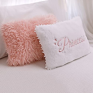 Set of 2 Decorative Pillows for Girls, Toddler Kids Room. White Fluffy Princess Pillow Embroidered and Furry Pink Faux Fur Pillow. Soft and Plush Girls Pillows – Throw Pillows for Kid’s Bedroom Décor