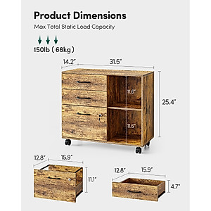 FEZIBO 3-Drawer Mobile File Cabinet, Lateral Filing Cabinet with Lock, Printer Stand with Open Storage Shelves for Home Office, Rustic Brown