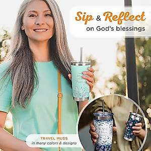 Christian Art Gifts Reusable Stainless Steel Tumbler Travel Mug w/Straw for Mothers: First My Mom Forever My Friend w/Scripture, Vacuum Insulated, Pop-up Lid, Hot/Cold, Cute Mint Green Floral, 18 oz.