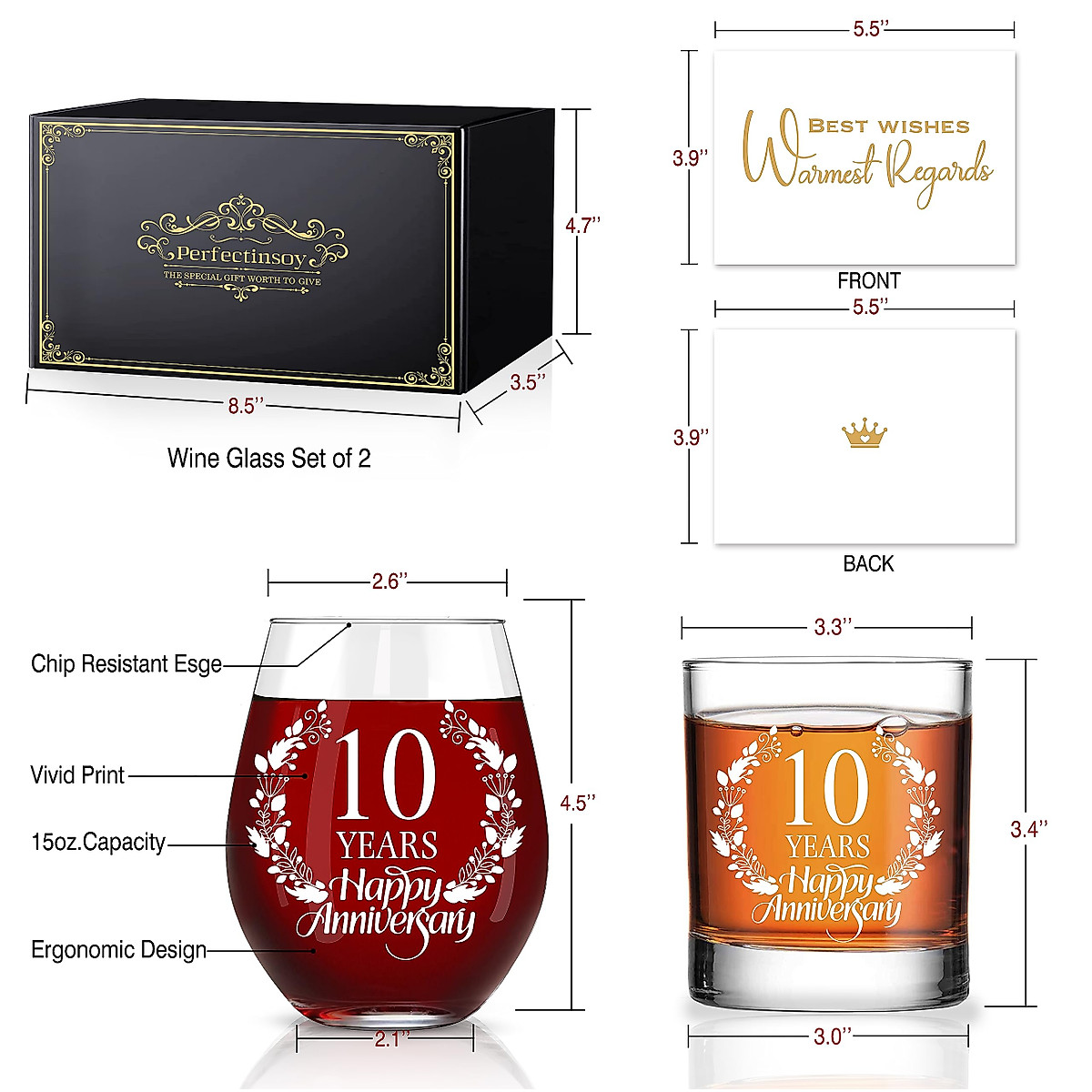 Perfectinsoy 10 Years Happy Anniversary Whiskey Glass and Stemless Wine Glass Gift Set, 10th Anniversary Wedding Gift For Mom, Dad, Soulmate, Couple, 10 Years Gifts, Happy 10th Anniversary