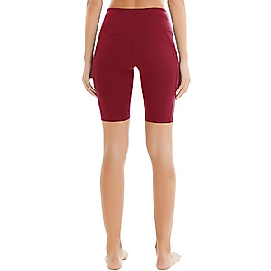 COOLOMG Women's Yoga Shorts Tummy Control Running Workout Bike Athletic Sport Shorts Non See-Through Side Pockets Burgundy Small