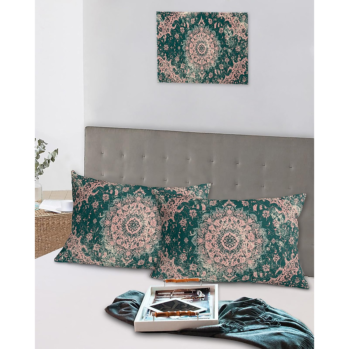 Edwiinsa Boho Modern Pillow Covers Standard Size Set of 2 20x26 Bed Pillow, Plush Soft Comfort for Hair/Skin Cooling Pillowcases with Envelop Closure Throw Covers Green Abstract Minimalist Flower