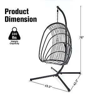 Giantex Egg Chair Hammock Stand - Hanging Swing with Stand, Folding Swinging Chair with Soft Cushion & Pillow, Wicker Rattan Hanging Chair for Bedroom,Garden, Patio Foldable Hammock Chair (Grey)