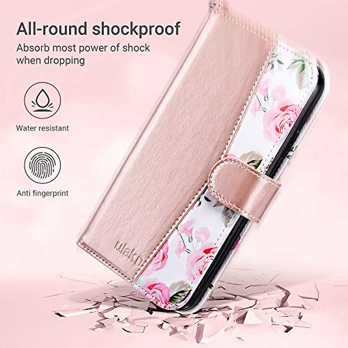 ULAK Compatible with iPhone XR Wallet Case for Women, Premium PU Leather Folio Flip Case with Card Holders Kickstand Wrist Strap, Shockproof Protective Phone Cover for iPhone XR 6.1 inch, Rose Gold