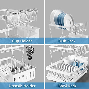 Semounva Dish Drying Rack, 2 Tier Large Capacity Dish Rack and Drainboard Set, Rustproof Dish Drainer with Cup Holder, Utensil Holder, Cutting Board Holder for Kitchen Counter