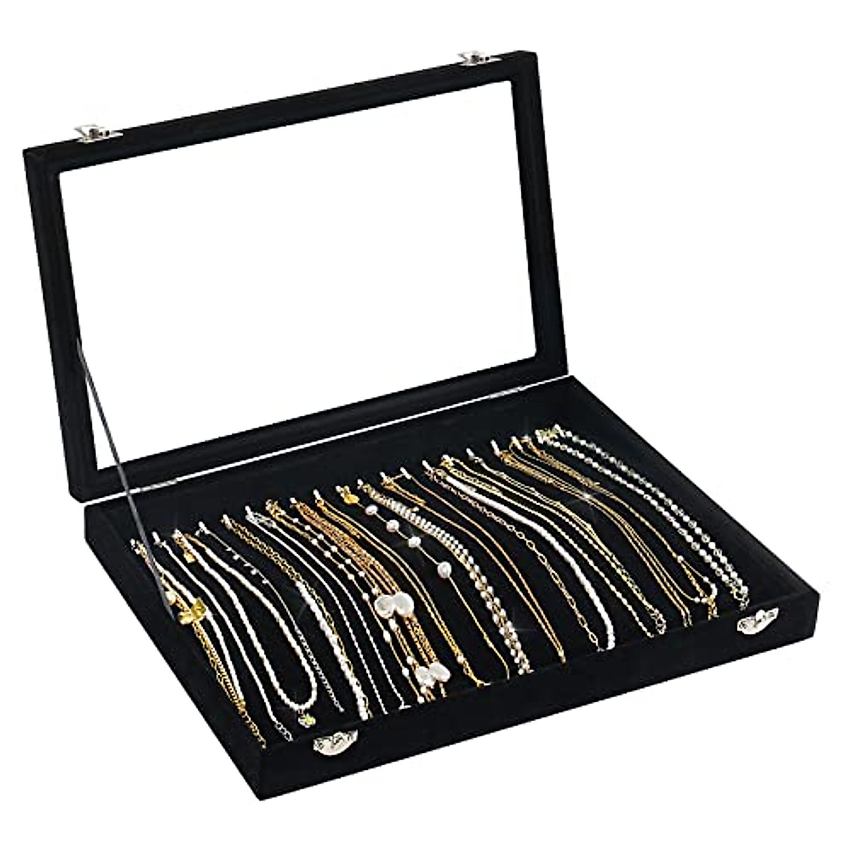 Necklace Organizer Box, Necklace Tray for Jewelry with Clear Lid, Dustproof Velvet Necklaces Holder Storage Display Case, 20 Hooks Glass Top Jewelry Tray Drawer Insert for Necklaces Pendant Bracelet