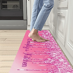 BEYODD Personalized Kitchen Room Mat and Rug, Custom Floor Mat Anti-Slip Rugs for Kitchen, Floor Home, Office, Store, Laundry Hot Pink Dripping Glitter, 48x17 ''