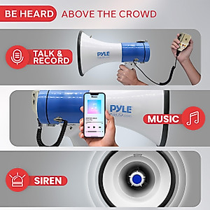 Pyle Megaphone PA Bullhorn Speaker - Built-in Siren 50 Watts Rechargeable Battery- 10 Sec Record Function for Football Baseball Basketball Cheerleading Fans Coaches or for Safety Drills - (PMP59IR)