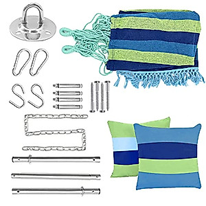 Gold Armour Hammock Chair Hanging Rope Swing Max 500lbs, 2 Seat Cushions Included, Hanging Chair with Pocket-Quality Cotton Weave for Superior Comfort & Durability (Blue Green Stripe)