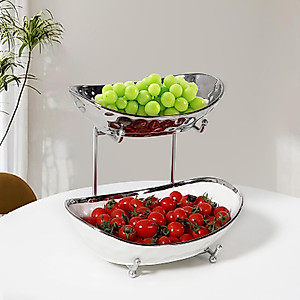 Acliys Fruit Bowl, Ceramic Fruit Basket, 2 Tier Serving Stand Serving Bowl with Metal Rack, Porcelain Kitchen Bowls for Vegetable Storage Snack Nuts Dessert Cake Tray for Party Wedding…