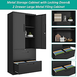 SISESOL Metal Storage Cabinet with Drawers, 71" File Cabinets for Home Office, Locking Steel Storage Cabinet with Doors and Shelves for Home, Office, Warehouse, Garage, School (Black, 2 Drawers)