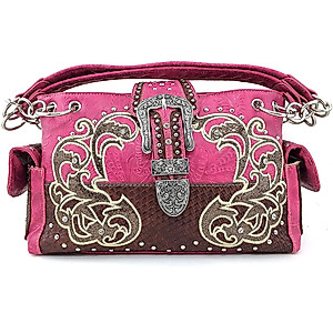 Justin West Gleaming Western Tooled Rhinestone Buckle Floral Embroidery Chain Shoulder Handbag Purse Back Concealed Carry Phone Slot Crossbody Trifold Wallet (Hot Pink Handbag)