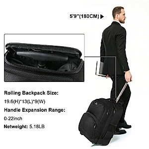 Rolling Backpack, MATEIN 17 inch Water Resistant Wheeled Laptop Backpack, Carry on Luggage Business Bag, College Student Computer Bookbag Trolley Suitcase for Men Women Adults to Travel, Black