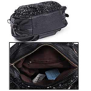 FiveloveTwo Women Punk Chain Handbag Purse Rhinestone Top-handle Shoulder Bag PU Leather Tote Satchel Black