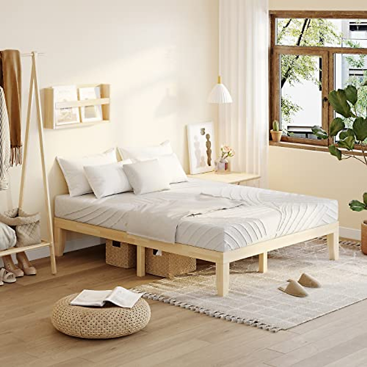 KOMFOTT 14 Inches Wood Platform Bed Frame Queen Size, Solid Wood Mattress Foundation with Rubber Wood Frame, Strong Poplar Wood Slat Support, No Box Spring Needed, Bed Frame (Natural)