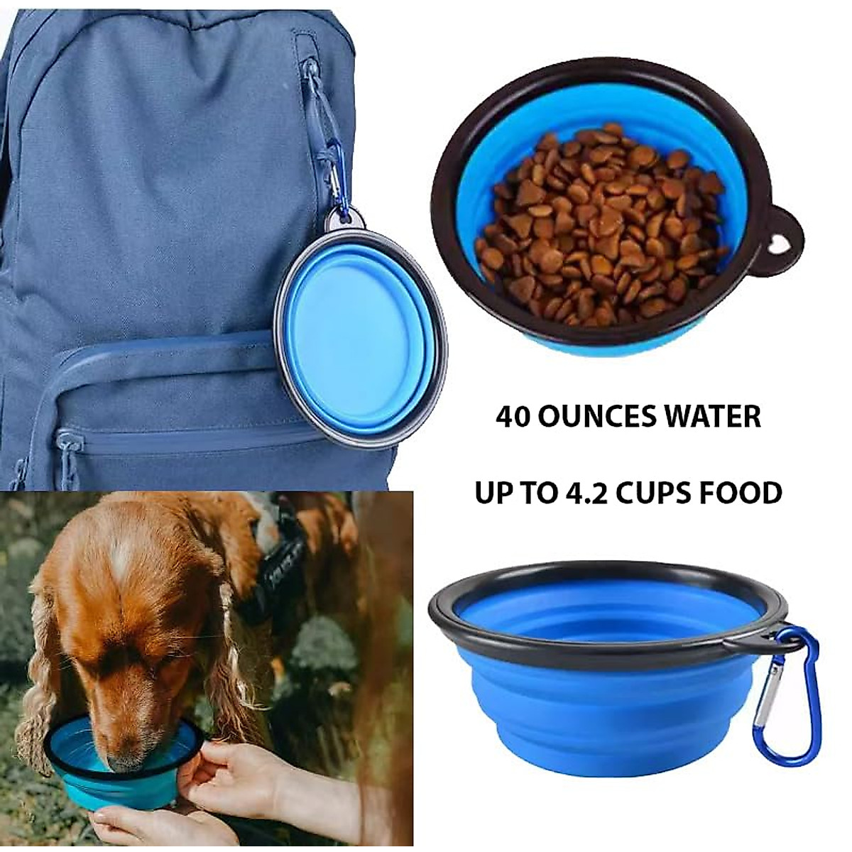XL Collapsible Dog Food and Water Bowls with Bone-Shaped Waste Bag Holder, Includes 300 Biodegradable Bags - Set of Two 40 Oz Pet Feeding, Watering Bowls for Traveling, Camping, Hiking, and Kennel